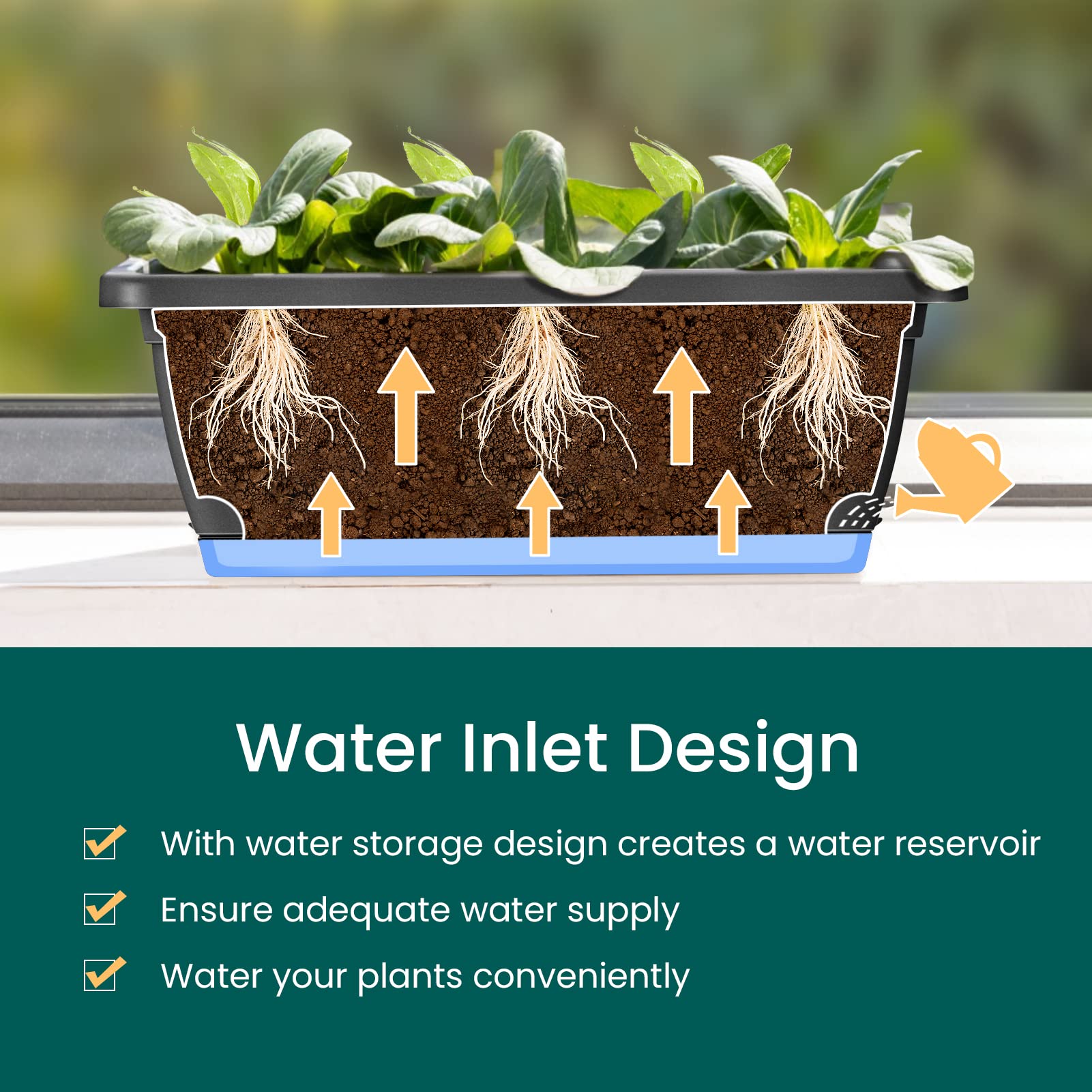 CEED4U Window Box Planter, 17 Inches 3 Packs Black Rectangular Planters Box with Saucers and 15Pcs Plant Labels, Self-Watering Drainage Holes, Windowsill Decor Outdoor Indoor Plastic Long Pots