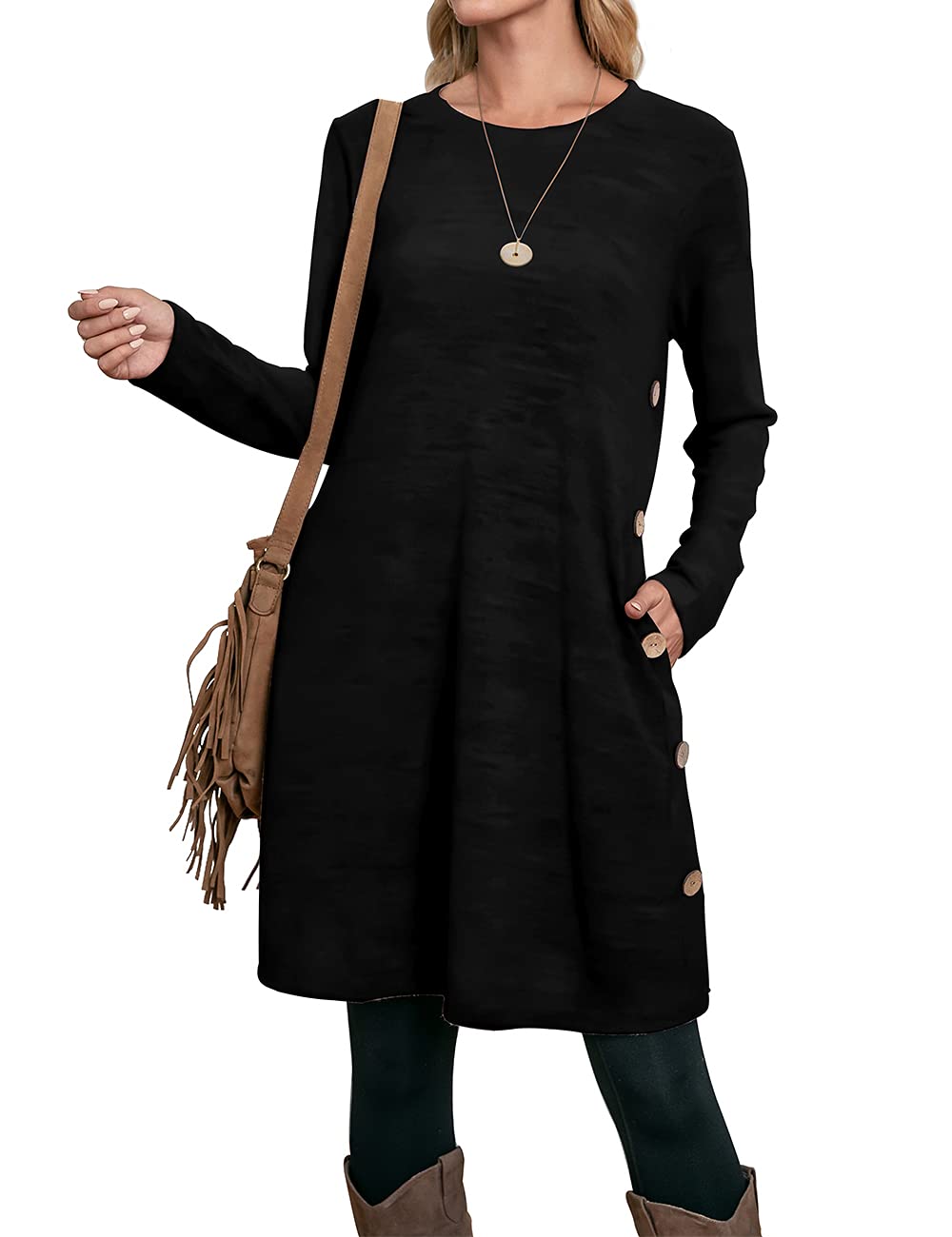 OFEEFAN Sweater Dresses for Women Tunics for Women to Wear with Leggings Black XL