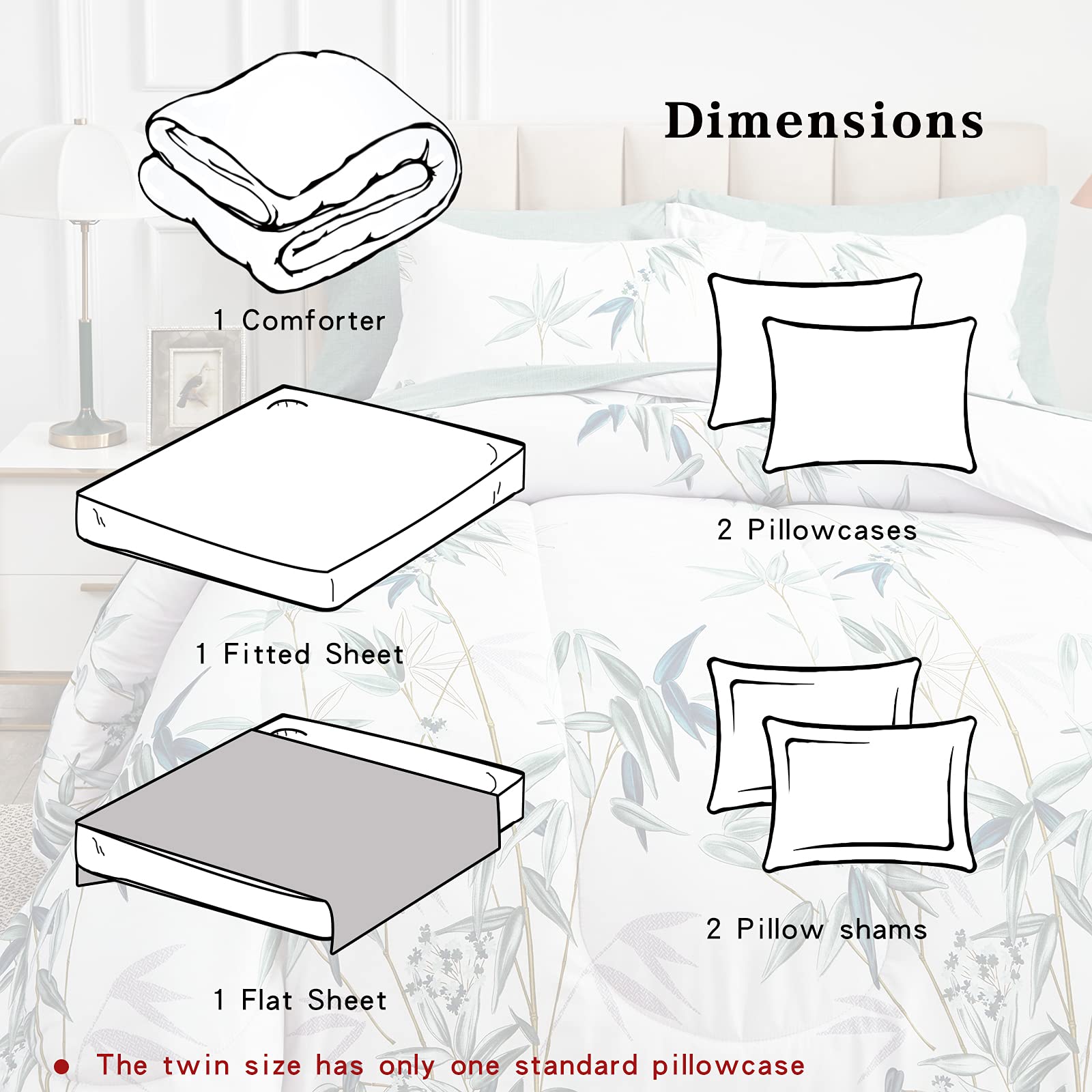 7 Pieces Bed in a Bag Queen Comforter Set with Sheets, Green Leaves on White Botanical Design Bedding Sets for All Season (1 Comforter, 2 Pillow Shams, 1 Flat Sheet, 1 Fitted Sheet, 2 Pillowcases)