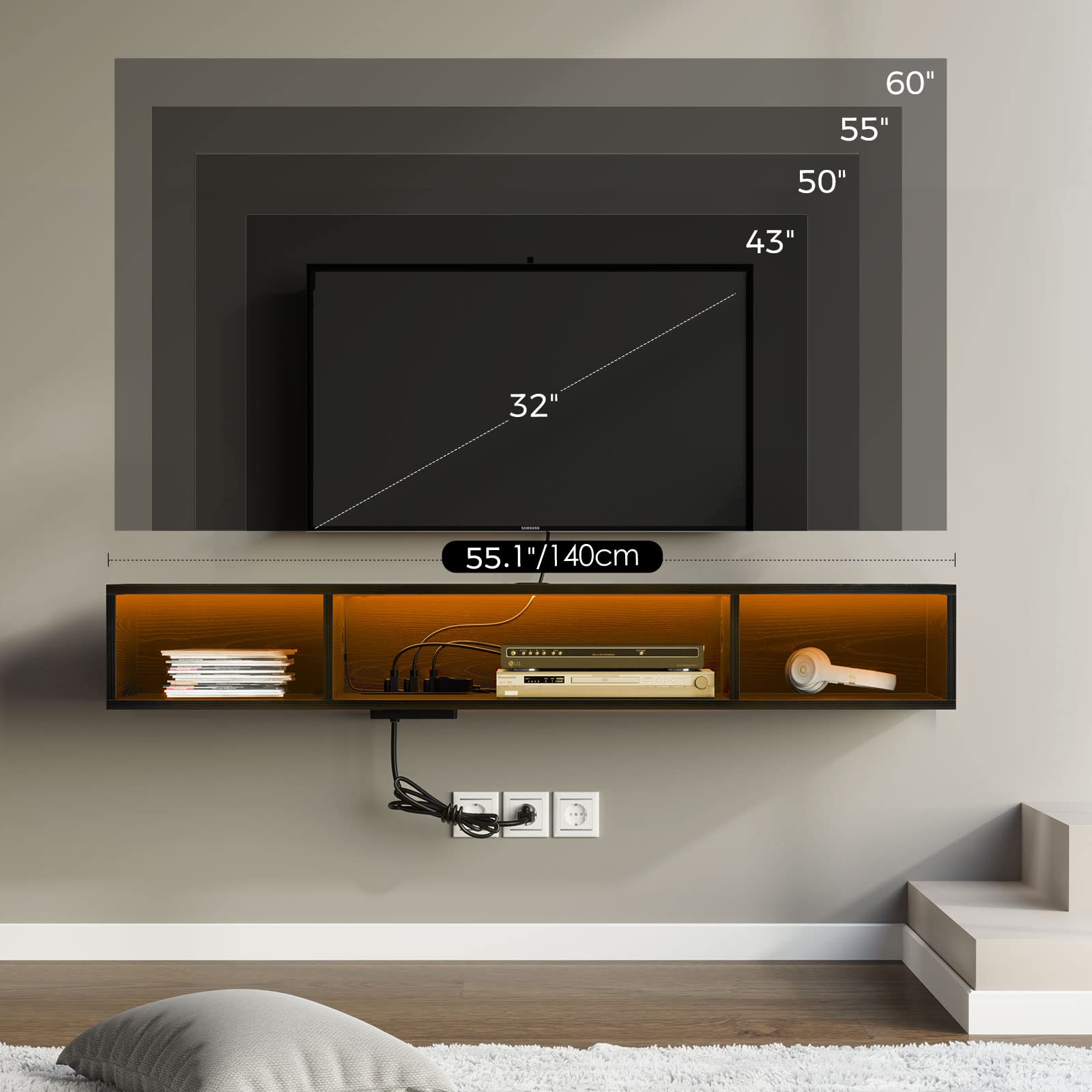 Rolanstar TV Stand with Power Outlet, Floating TV Stand with RGB Lights, 55.1" Wall Mounted TV Shelf, Black Media Console with Storage Shelf, Entertainment Shelf Under TV for Living Room, Bedroom