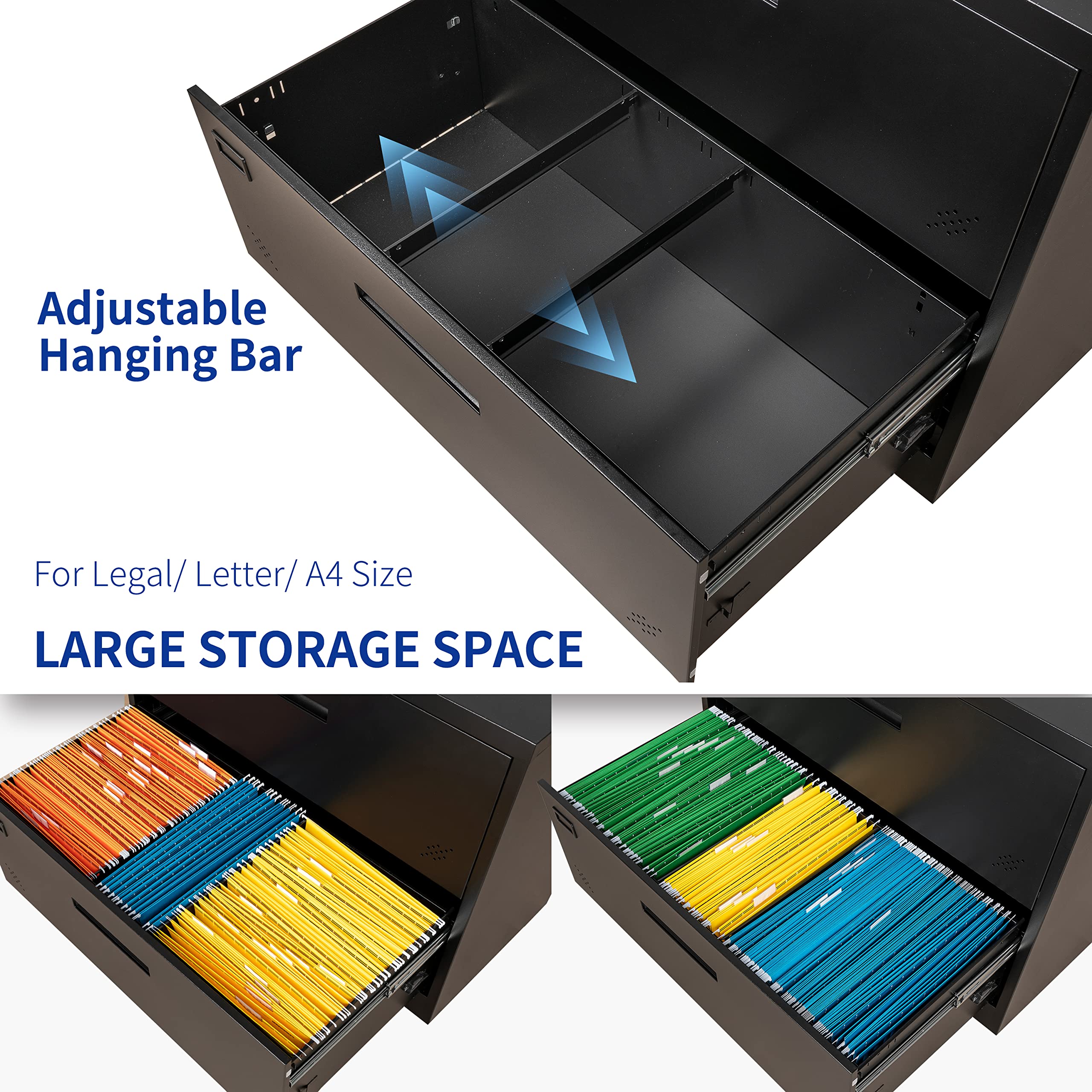 GREATMEET 3 Drawer Lateral File Cabinet with Lock,Heavy Duty Metal Lateral File Cabinet, for Legal Letter Files,Disassemble,Black (3 Drawers)