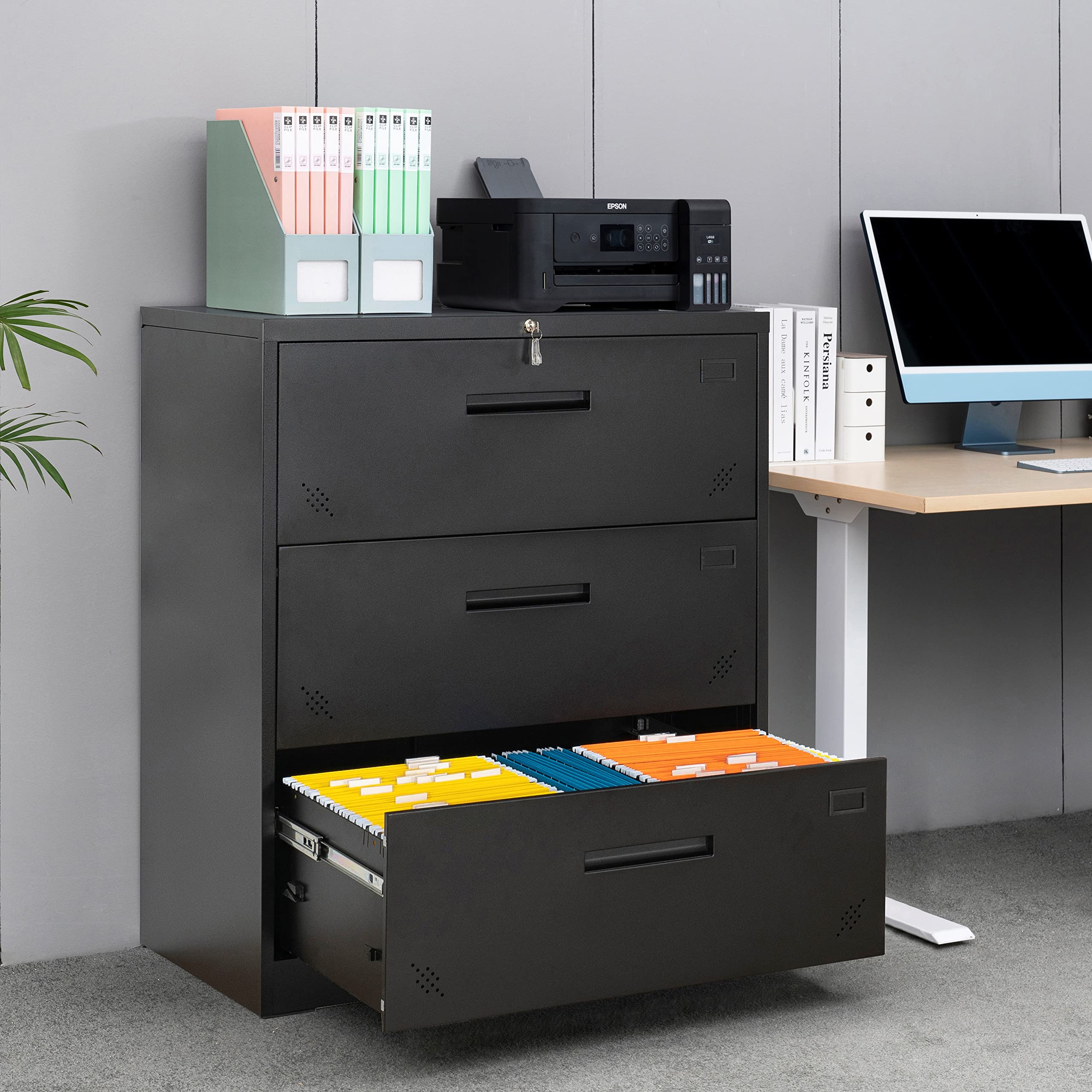 GREATMEET 3 Drawer Lateral File Cabinet with Lock,Heavy Duty Metal Lateral File Cabinet, for Legal Letter Files,Disassemble,Black (3 Drawers)