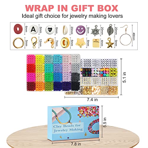 Redtwo 7200 Pcs Clay Beads Bracelet Making Kit, Preppy Friendship Flat Polymer Heishi Beads Jewelry Making Kits with Charms and Elastic Strings,Crafts Gifts Set for Girls Ages 8-12(2 Boxes)