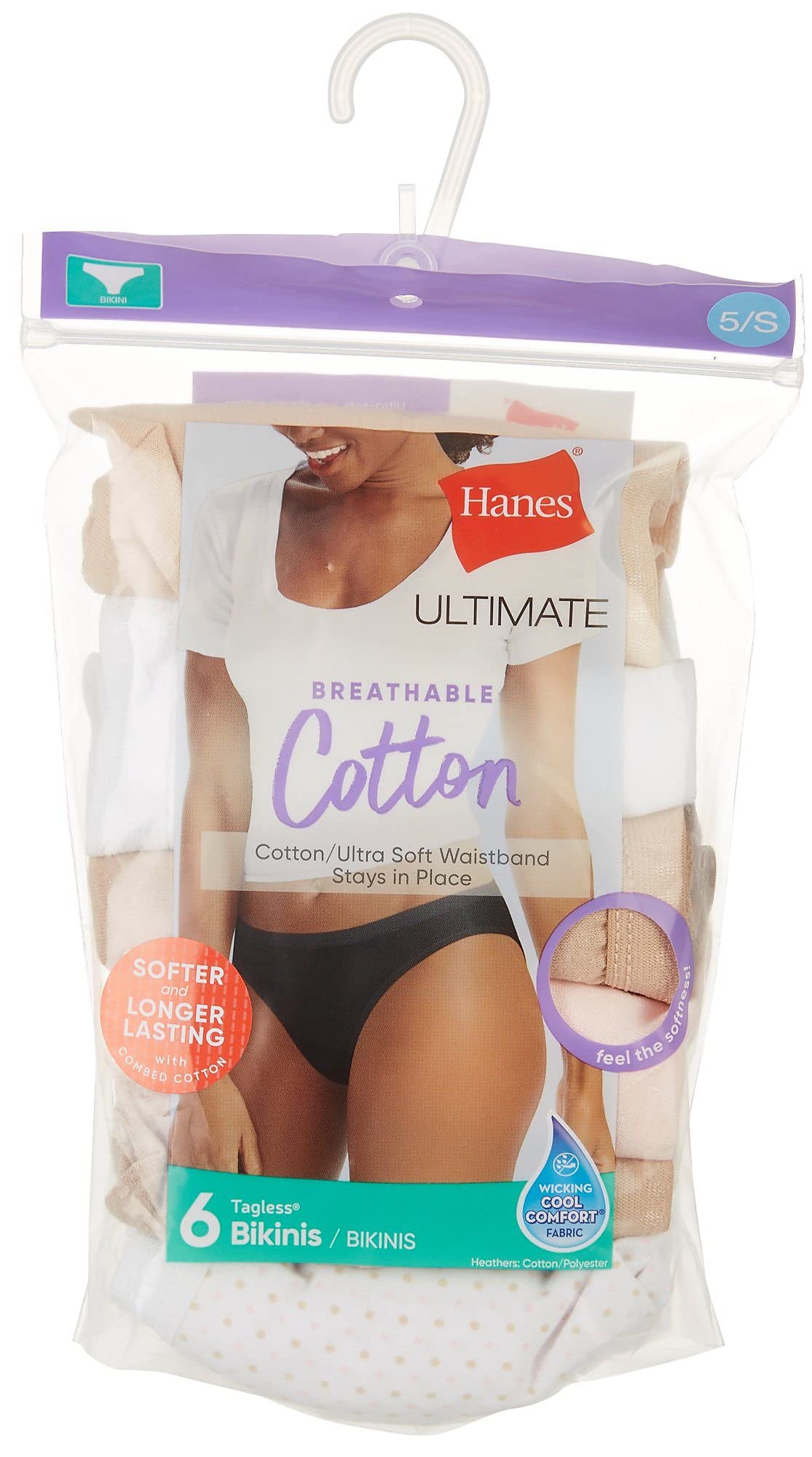 Hanes Ultimate Women's 6-Pack Breathable Cotton Bikini Panty, Soft Taupe, White, Nude, Light Buff, Nude Heather, Sugar Flower Sweet Dot, 6