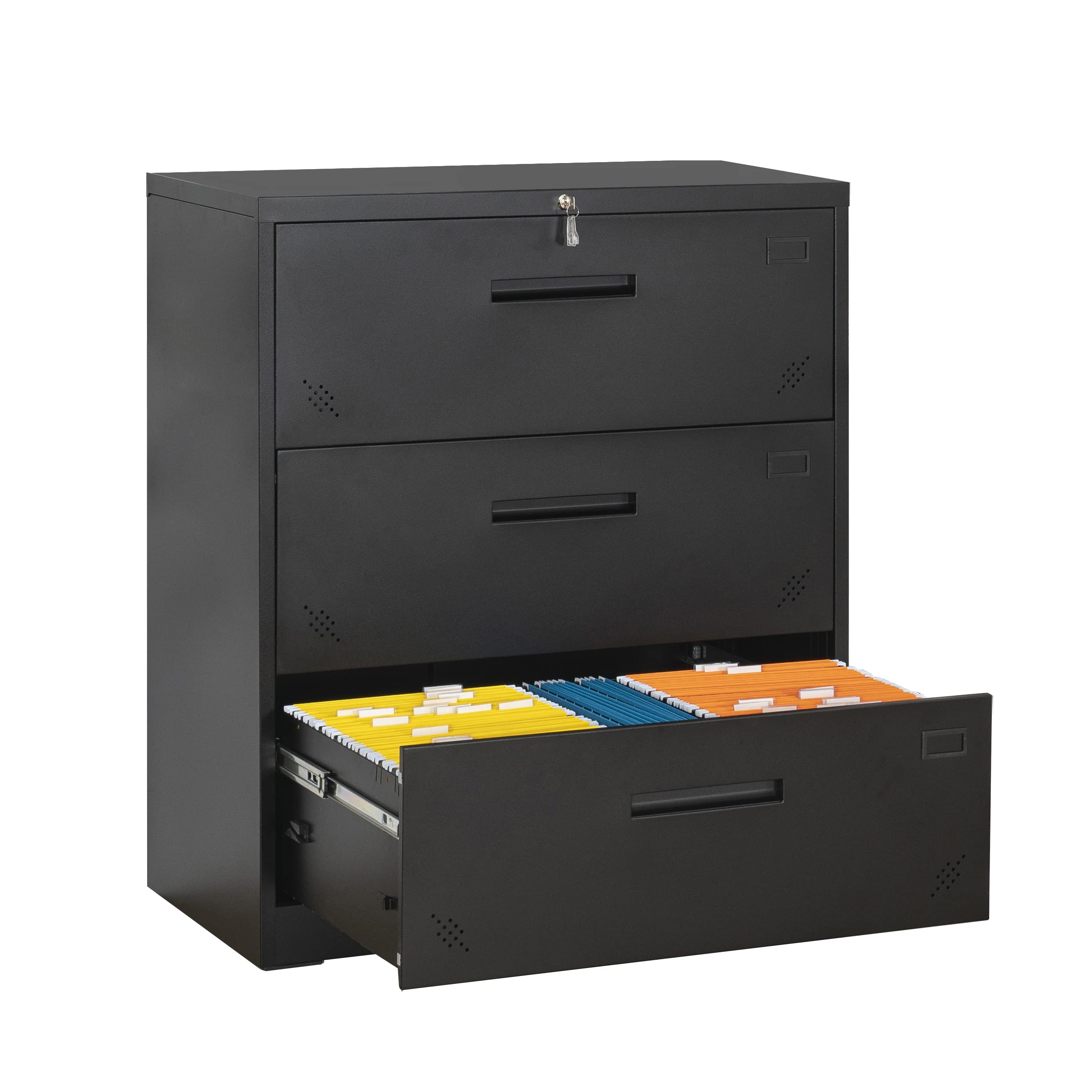 GREATMEET 3 Drawer Lateral File Cabinet with Lock,Heavy Duty Metal Lateral File Cabinet, for Legal Letter Files,Disassemble,Black (3 Drawers)