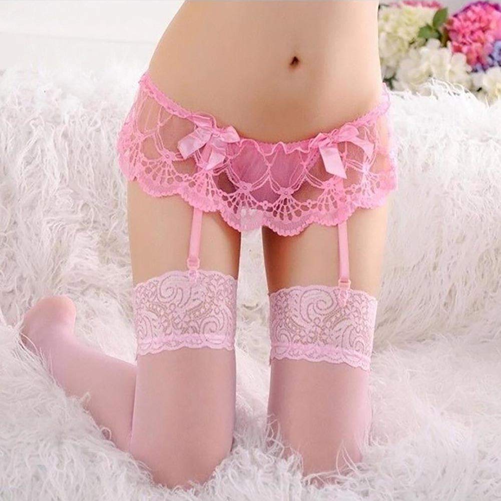 StarDY Transparent Lace Garter Belt & Suspender Pantyhose - Women's Sexy Lingerie (Pink, One Size)