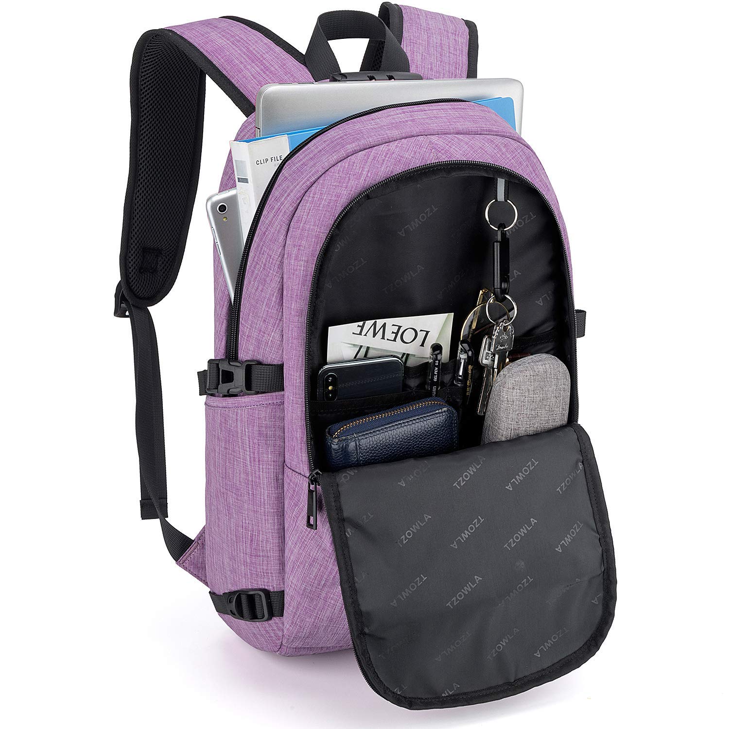 Tzowla Business Laptop Backpack Water Resistant Anti-Theft Backpack with USB Charging Port and Lock 17.3 Inch Computer Backpacks for Women, Casual Hiking Travel Daypack(Purple)