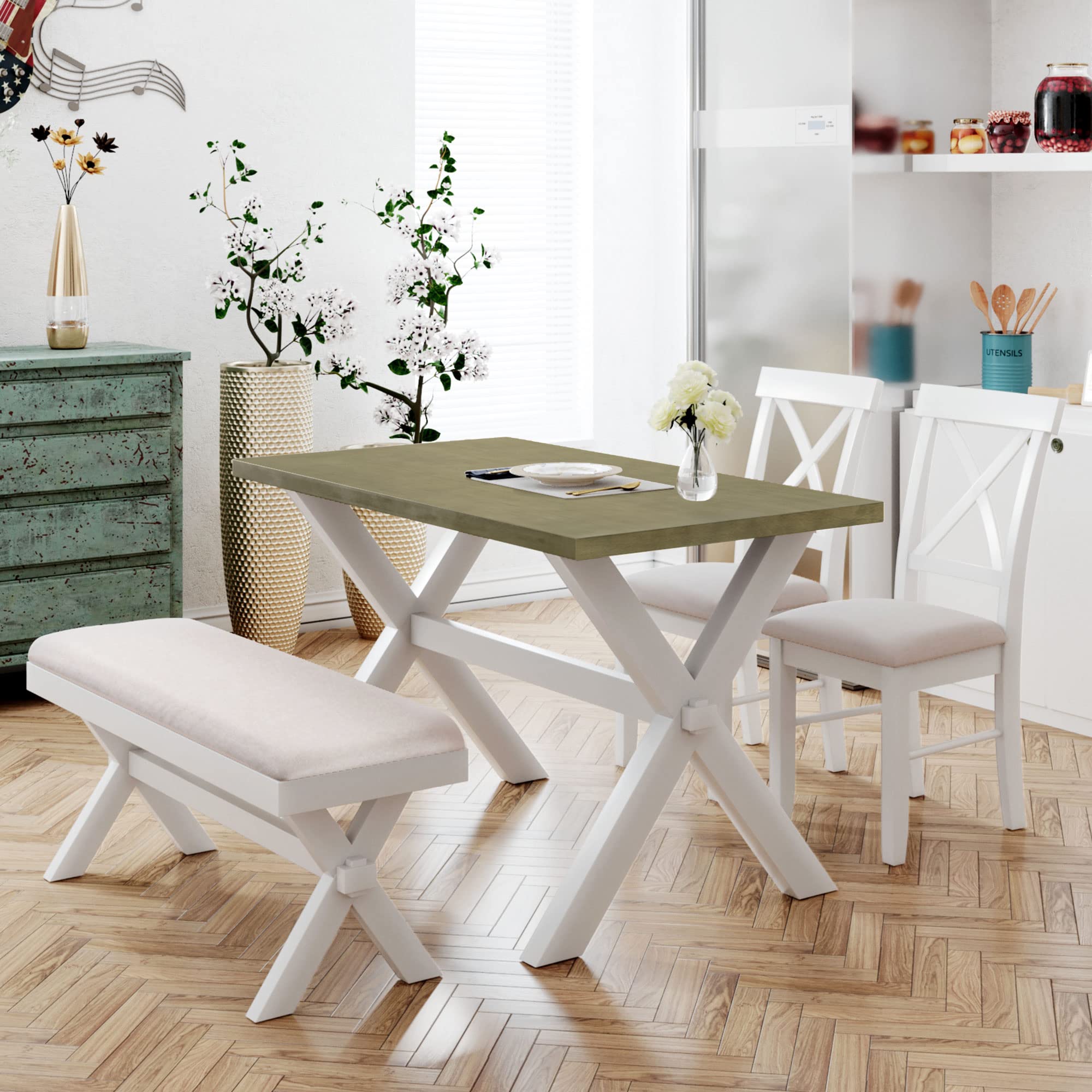 Harper & Bright Designs 4-Piece Wood Dining Table Set, Farmhouse Rustic Kitchen Dining Table with 2 Upholstered X-Back Chairs and Bench, White+Beige