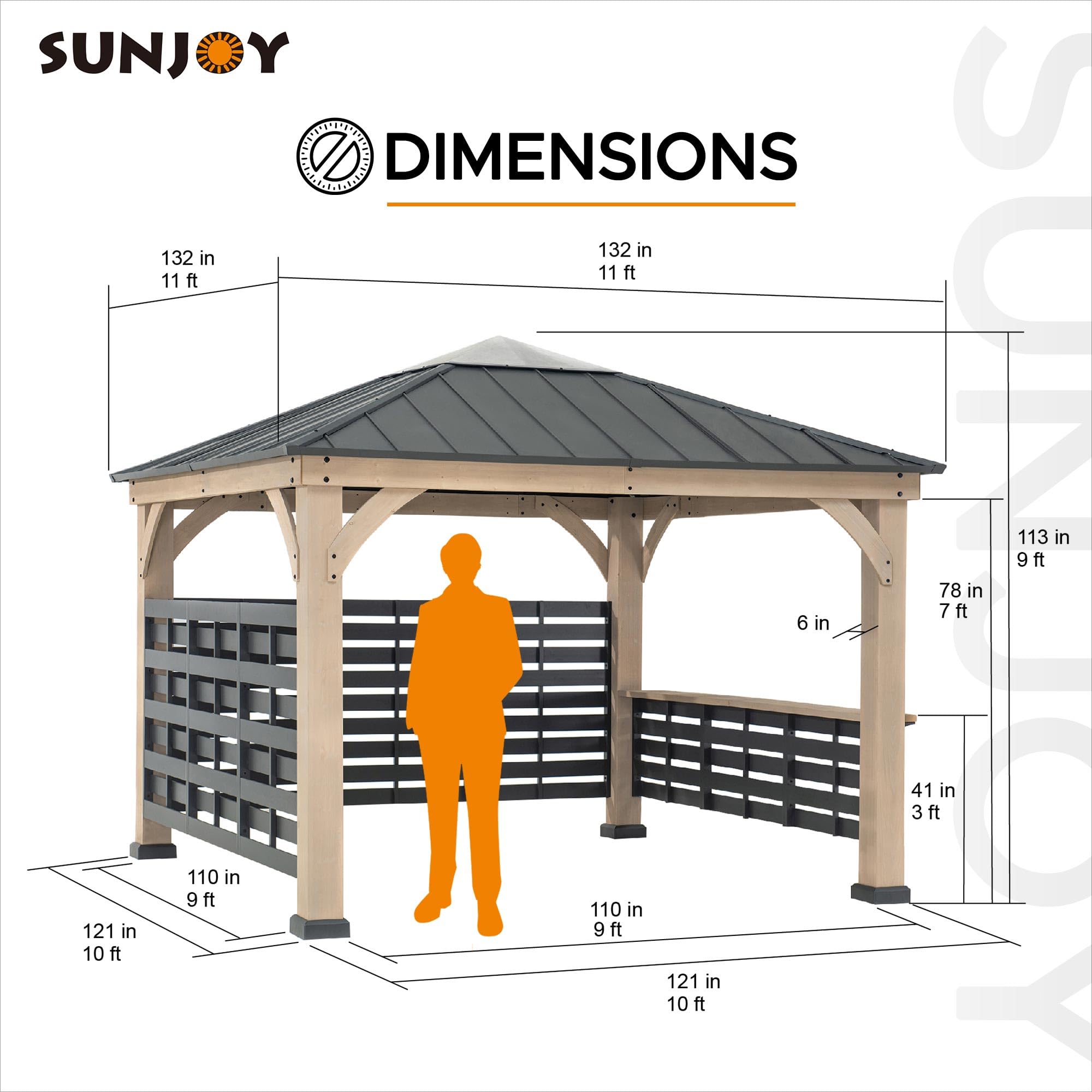 Sunjoy 11 x 11 ft. Hardtop Gazebo Cedar Wood Framed Hot Tub Gazebo with Steel and Polycarbonate Hardtop and bar Shelf, Matte Black by SummerCove
