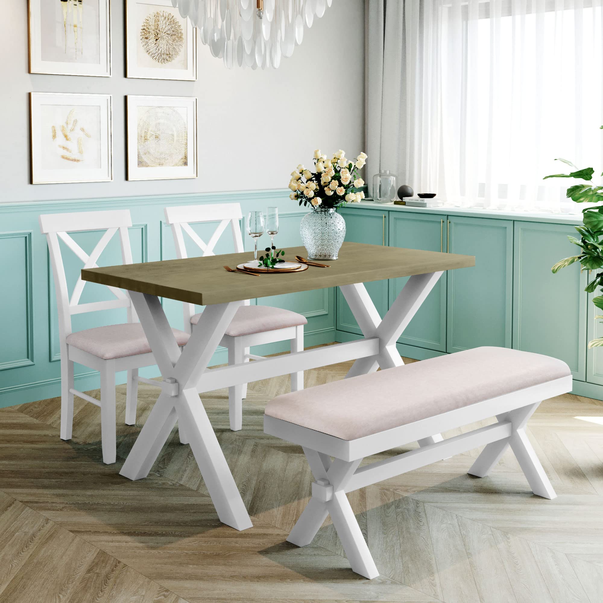 Harper & Bright Designs 4-Piece Wood Dining Table Set, Farmhouse Rustic Kitchen Dining Table with 2 Upholstered X-Back Chairs and Bench, White+Beige