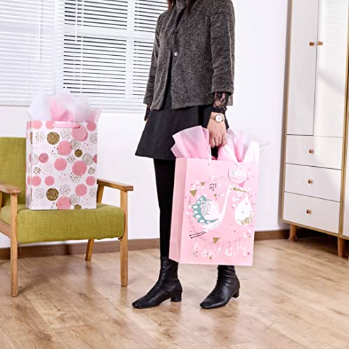 SUNCOLOR 16.5" Extra Large Gift Bags for Baby Shower with Tissue Paper(2 Pack, Baby Girl)