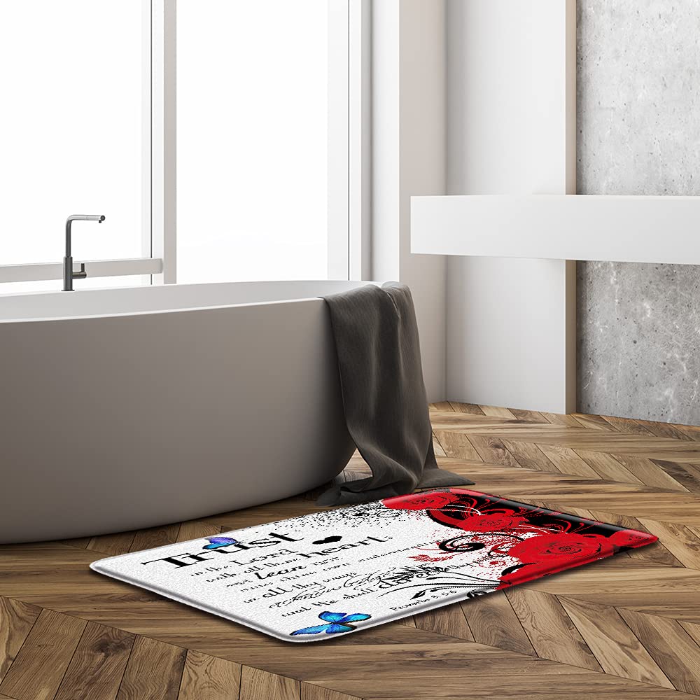 Inspirational Quote Bath Mat Red Rose Flower Butterfly Trust in The Lord with All Thine Heart Abstract Floral Art Bathroom Rug Decor