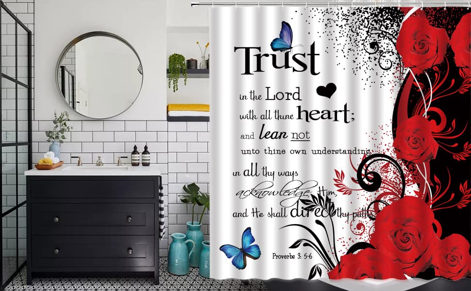 Inspirational Quote Bath Mat Red Rose Flower Butterfly Trust in The Lord with All Thine Heart Abstract Floral Art Bathroom Rug Decor