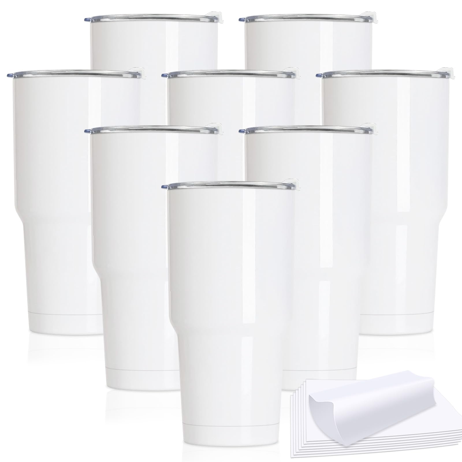 XccMe 30oz Stainless Steel Sublimation Tumblers Bulk,8PACK Double Wall Vacuum Insulated Coffee Mugs with Shrink Wrap Films and Splash Proof Lids,Travel Cups for DIY Gift,Coffee,Beverage White