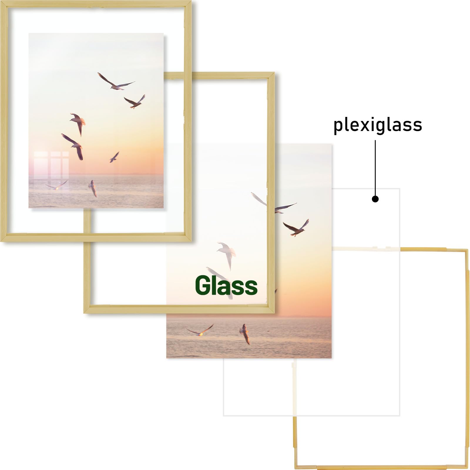 Frametory, Floating Picture Frame 11x14 - Gold Aluminum Metal Photo Frame - Real Glass of Front - for Wall Mount Displays