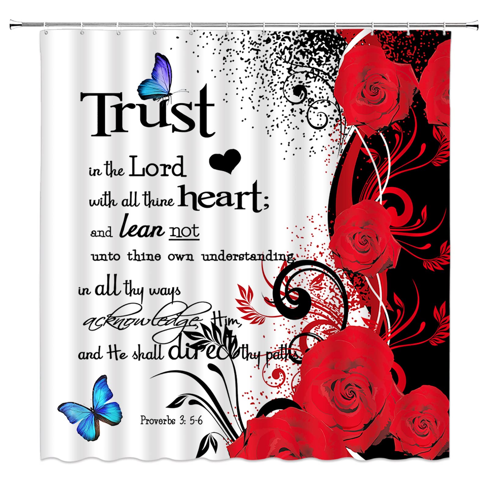 Inspirational Quote Bath Mat Red Rose Flower Butterfly Trust in The Lord with All Thine Heart Abstract Floral Art Bathroom Rug Decor