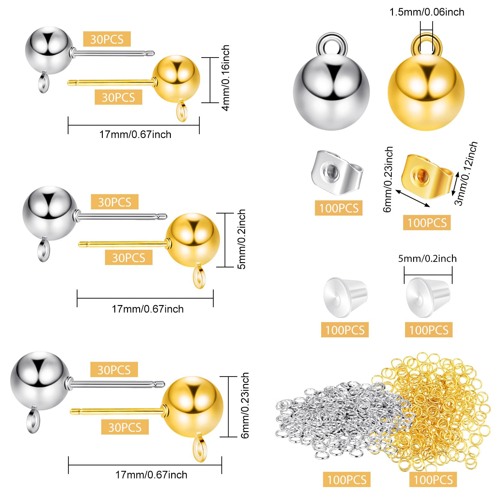780 Pcs Ball Post Earring Studs for Jewelry Making with Loop 3 Sizes 4/5/6 mm Round Ball Earring Posts, Butterfly and Silicone Eardrop Backs, Open Jump Rings for DIY Jewelry Making(Gold, Silver)