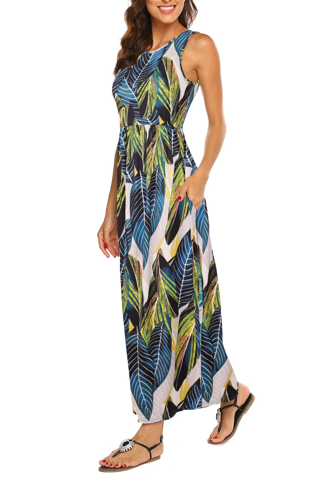 Hount Ladies Summer Dresses Clothing Women's Summer Casual Sexy Sleeveless Long Maxi Dress with Pockets Leaf Print L