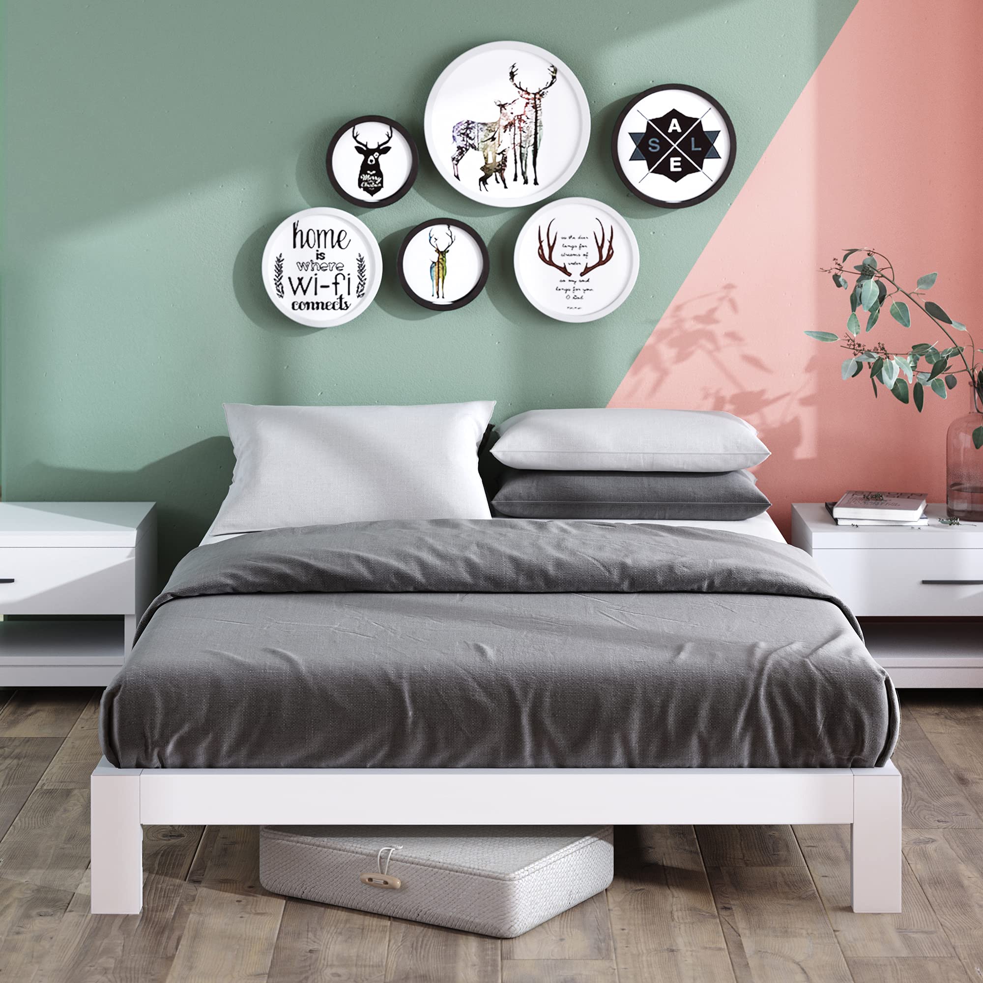 ZINUS Arnav Metal Platform Bed Frame, Wood Slat Support, No Box Spring Needed, Easy Assembly, White, Queen