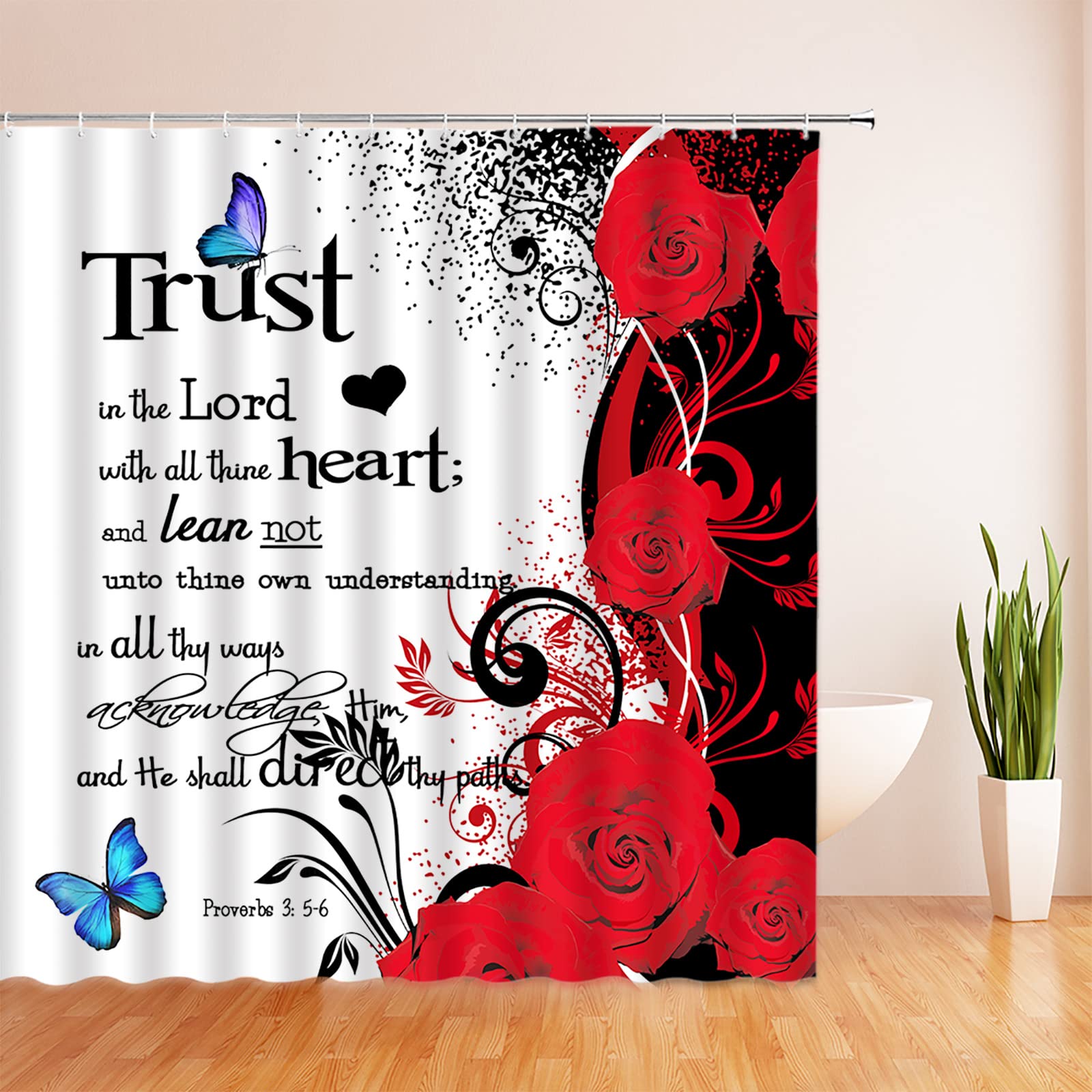 Inspirational Quote Bath Mat Red Rose Flower Butterfly Trust in The Lord with All Thine Heart Abstract Floral Art Bathroom Rug Decor