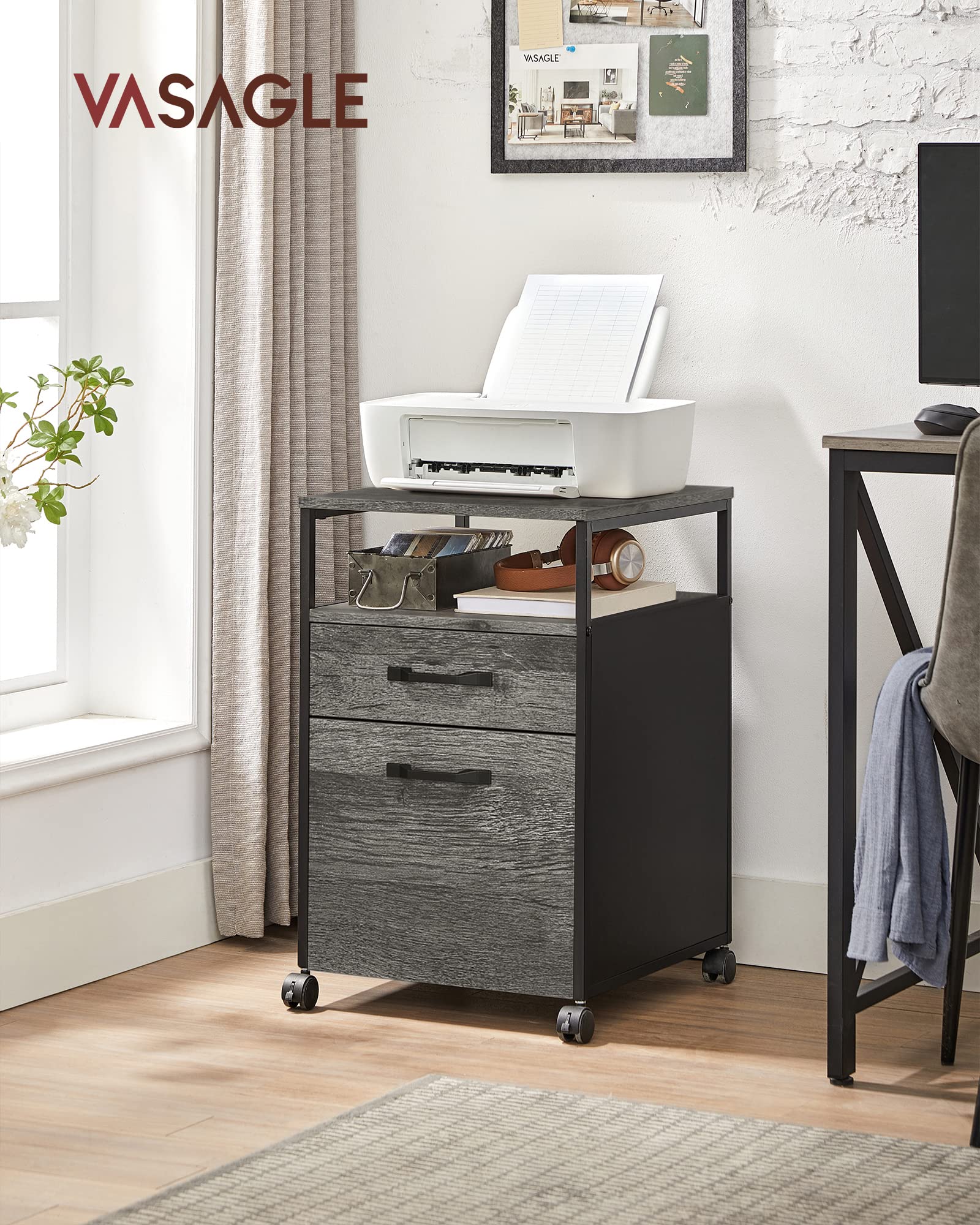 VASAGLE File Cabinet, Mobile Filing Cabinet with Wheels, 2 Drawers, Open Shelf, for A4, Letter Size, Hanging File Folders, Charcoal Gray and Ink Black UOFC071B04