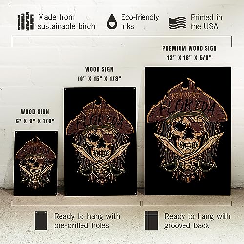 Lantern Press 6x9 Inch Wood Sign, Ready to Hang Wall Decor, Key West, Florida, Distressed Skull Pirate