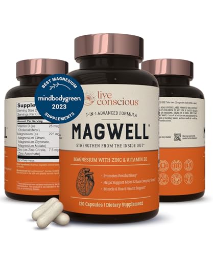Live Conscious Magnesium Zinc & Vitamin D3 - Bioavailable Forms of Magnesium - Malate, Glycinate, Citrate - MagWell Bone & Heart Health, Immune System Support - 120 Capsules (2-Pack)