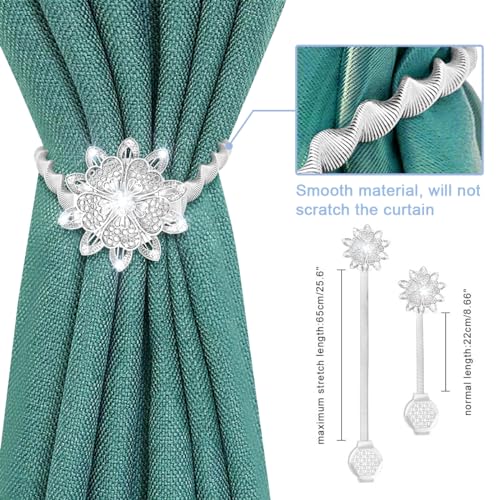 AULEEP Magnetic Curtain Tiebacks, 4 Pack Magnetic Decorative Drapes Curtain Clips Buckle, Flower Curtain Tie Back, European and American Style (Silver)