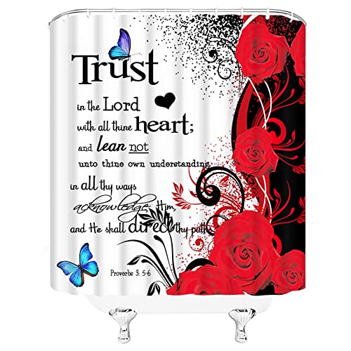 Inspirational Quote Bath Mat Red Rose Flower Butterfly Trust in The Lord with All Thine Heart Abstract Floral Art Bathroom Rug Decor