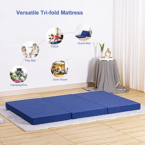 JINGWEI Folding Mattress, Tri-fold Memory Foam Mattres Topper with Washable Cover, 3-Inch, Full Size,Play Mat, Foldable bed, Guest beds, Camp Portable bed, Blue, 52"*73"*3"