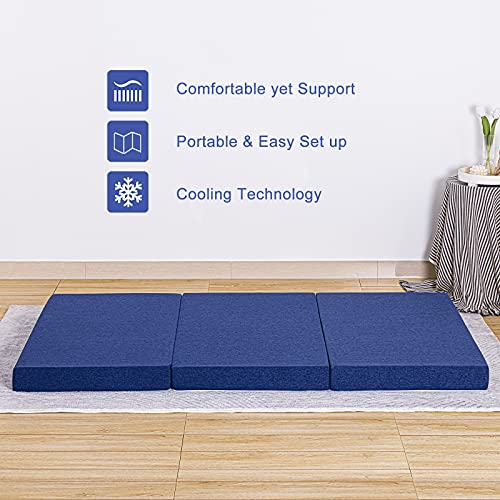 JINGWEI Folding Mattress, Tri-fold Memory Foam Mattres Topper with Washable Cover, 3-Inch, Full Size,Play Mat, Foldable bed, Guest beds, Camp Portable bed, Blue, 52"*73"*3"