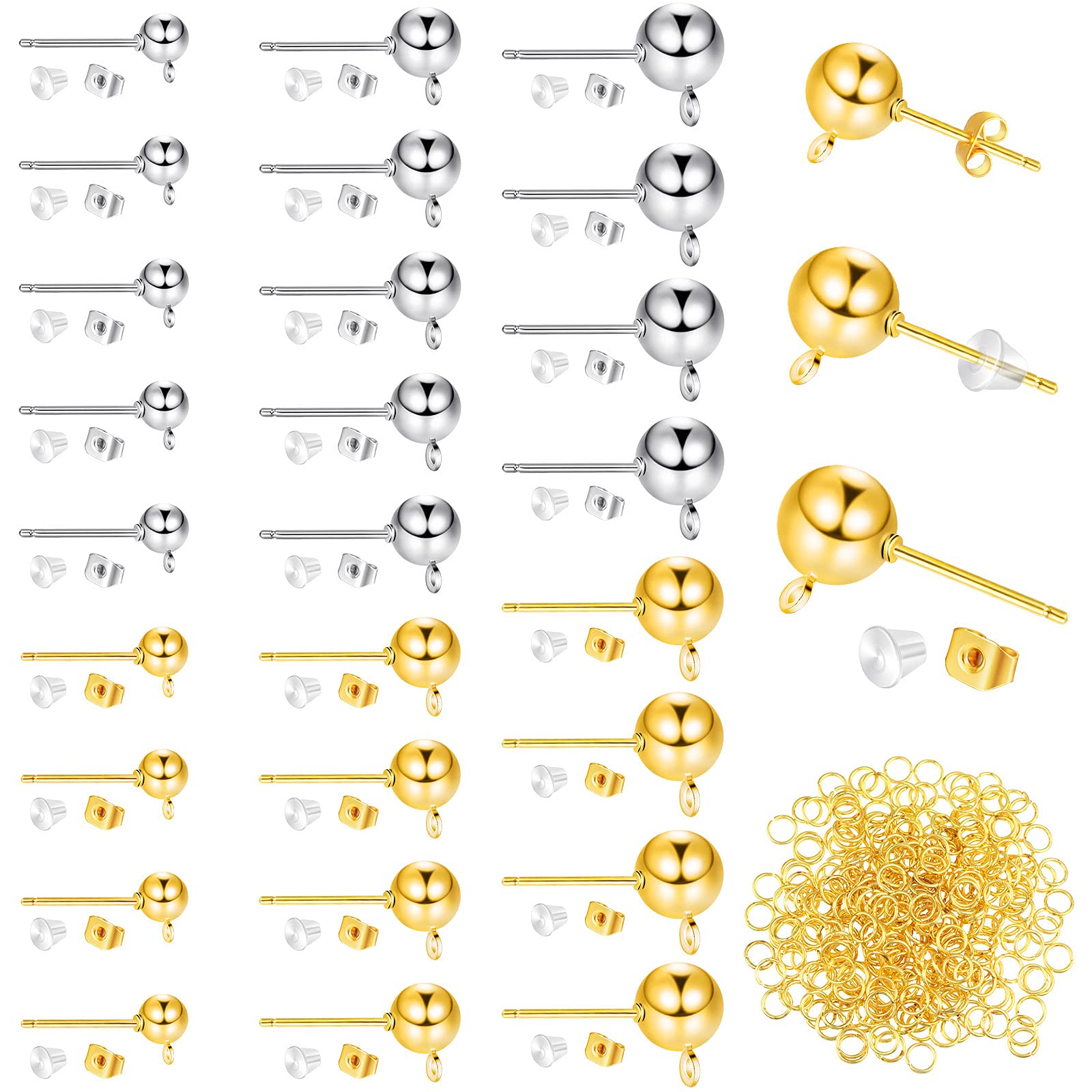 780 Pcs Ball Post Earring Studs for Jewelry Making with Loop 3 Sizes 4/5/6 mm Round Ball Earring Posts, Butterfly and Silicone Eardrop Backs, Open Jump Rings for DIY Jewelry Making(Gold, Silver)