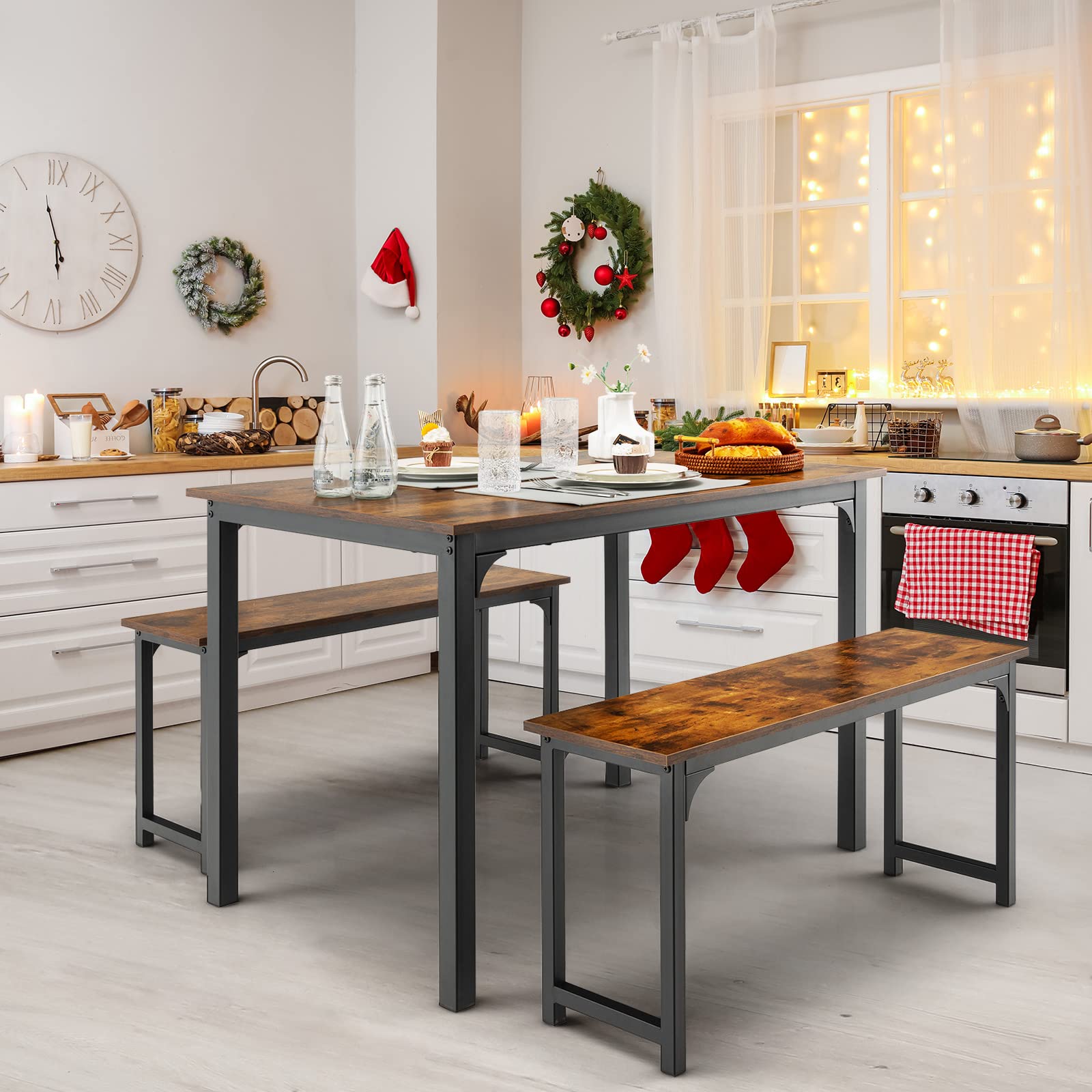 Giantex Dining Table Set for 4, Industrial Kitchen Table Set w/ 2 Benches, Space-Saving Dinette Set for Breakfast Nook, Dining Room, Kitchen, Easy Assembly (Mix Brown)