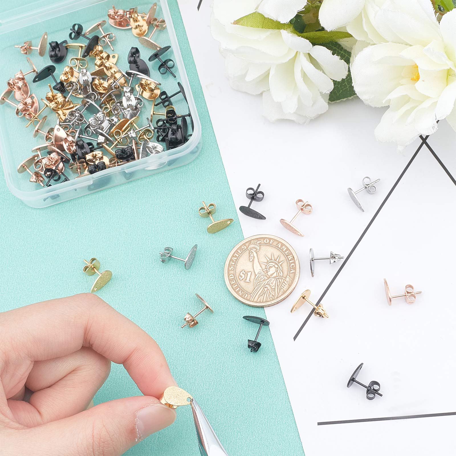 UNICRAFTALE About 80pcs Vacuum Plating 304 Stainless Steel Hypoallergenic Stud Earring Findings,Neutral Style with Texture, Teardrop Shape, 4 Color Mixed Earring Set