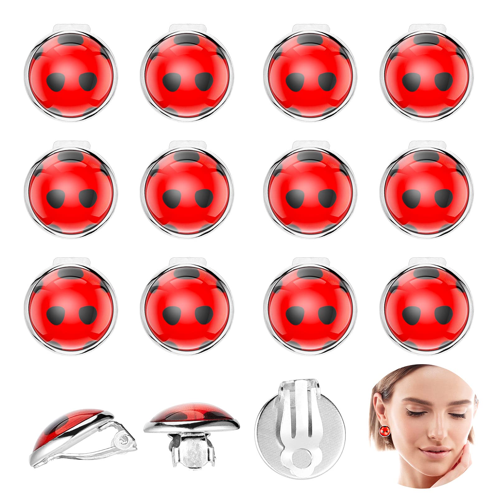 Hicarer 6 Pairs Ladybug Clip on Earrings No Pierced Black Spot Red Enamel Beetle Earrings for Women Halloween Costume