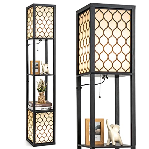 Tangkula Modern Shelf Floor Lamp, Freestanding Double Lamp w/ 2-Tier Wood Shelf & White Lampshade, E26 Bulb Base, Pull Chain & Foot Switch, Display Floor Light for Living Room Bedroom Office