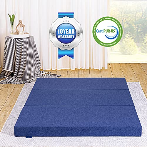 JINGWEI Folding Mattress, Tri-fold Memory Foam Mattres Topper with Washable Cover, 3-Inch, Full Size,Play Mat, Foldable bed, Guest beds, Camp Portable bed, Blue, 52"*73"*3"