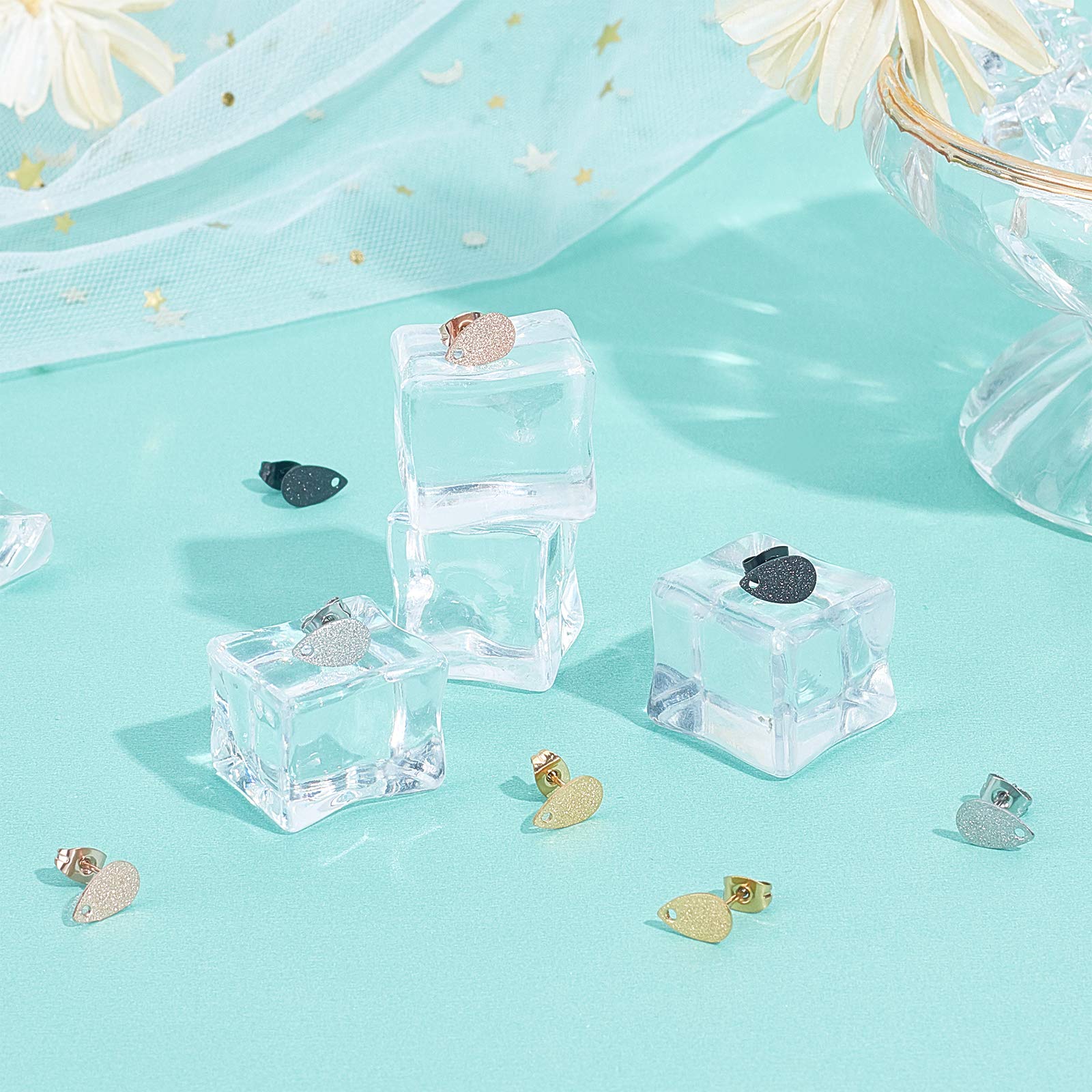 UNICRAFTALE About 80pcs Vacuum Plating 304 Stainless Steel Hypoallergenic Stud Earring Findings,Neutral Style with Texture, Teardrop Shape, 4 Color Mixed Earring Set