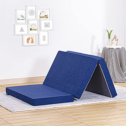 JINGWEI Folding Mattress, Tri-fold Memory Foam Mattres Topper with Washable Cover, 3-Inch, Full Size,Play Mat, Foldable bed, Guest beds, Camp Portable bed, Blue, 52"*73"*3"