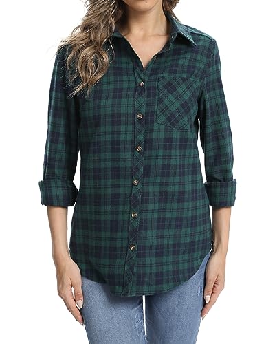 Fuinloth Women's Flannel Button Down Shirt, Plaid Long Sleeve Pure Cotton with Pocket 1 Dark Green Large