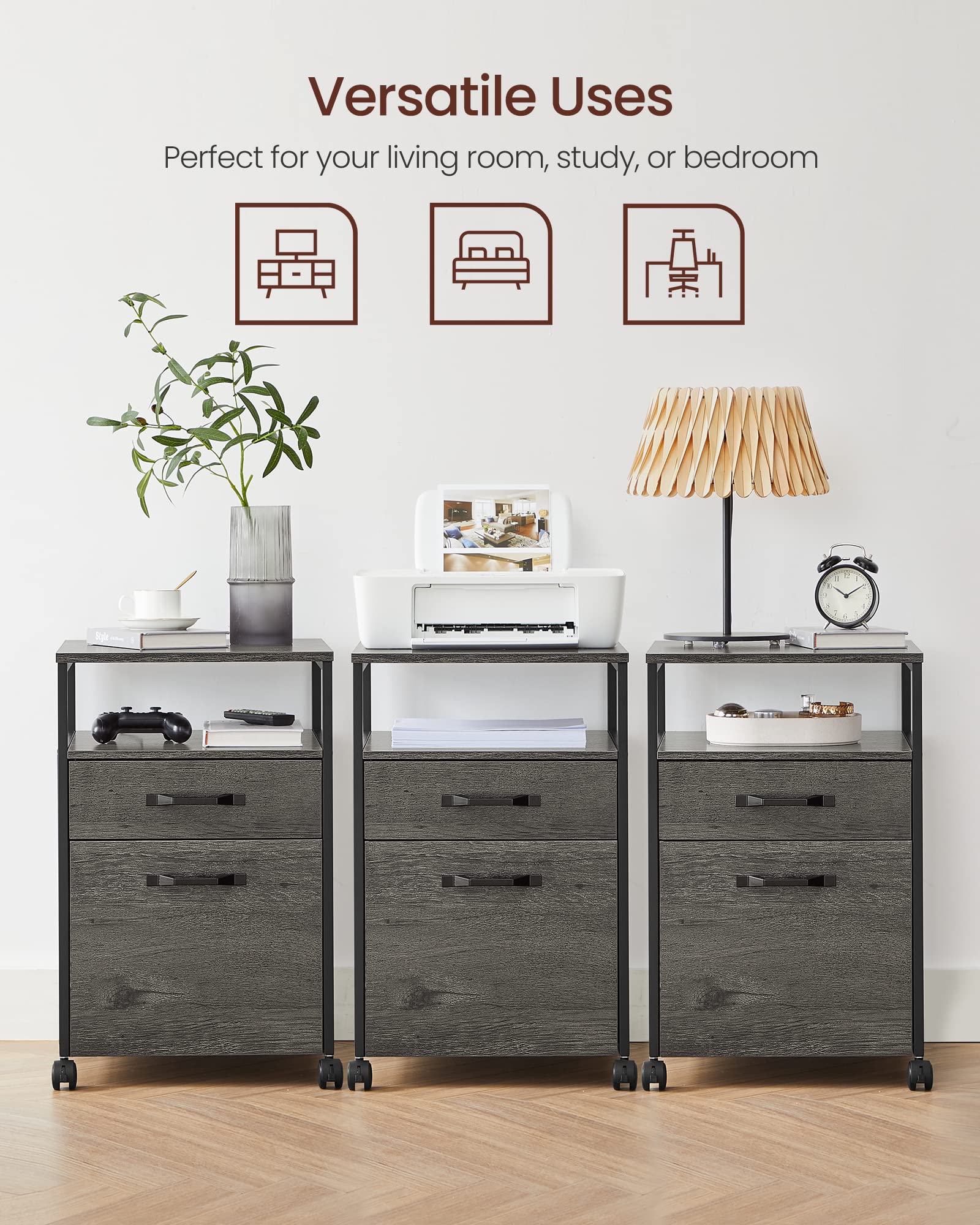 VASAGLE File Cabinet, Mobile Filing Cabinet with Wheels, 2 Drawers, Open Shelf, for A4, Letter Size, Hanging File Folders, Charcoal Gray and Ink Black UOFC071B04