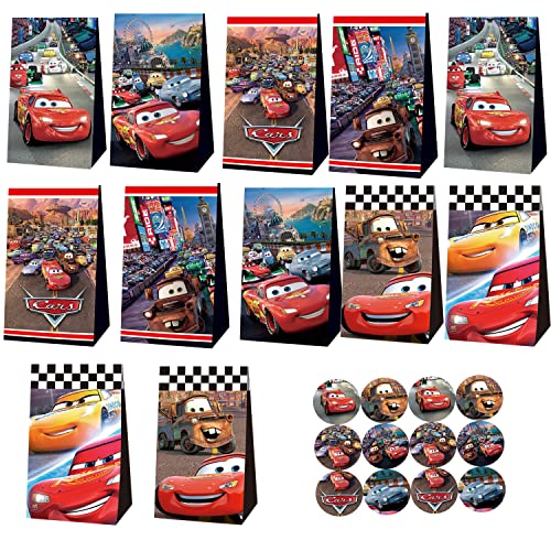 24pc car Party Gift Bags,12pc Gift Bags and 12pc stickers Party Supplies for Kids Cute marioo Themed Party, Birthday Decoration Gift Bags Well for Girls or Boys