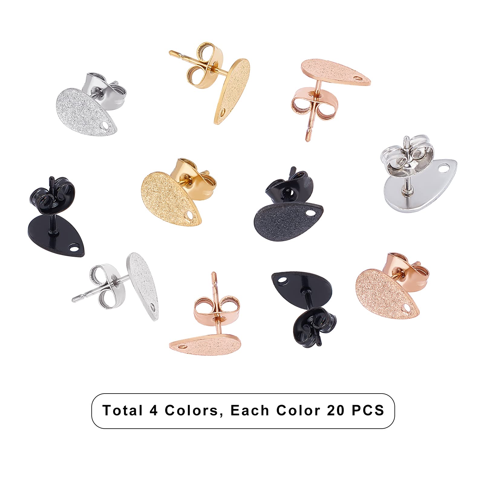 UNICRAFTALE About 80pcs Vacuum Plating 304 Stainless Steel Hypoallergenic Stud Earring Findings,Neutral Style with Texture, Teardrop Shape, 4 Color Mixed Earring Set