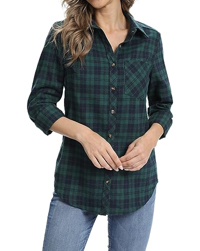Fuinloth Women's Flannel Button Down Shirt, Plaid Long Sleeve Pure Cotton with Pocket 1 Dark Green Large