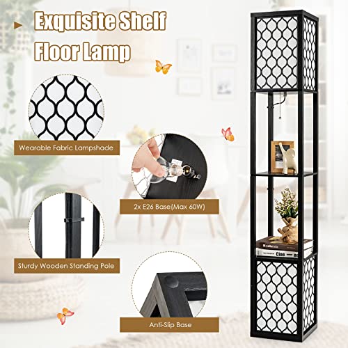 Tangkula Modern Shelf Floor Lamp, Freestanding Double Lamp w/ 2-Tier Wood Shelf & White Lampshade, E26 Bulb Base, Pull Chain & Foot Switch, Display Floor Light for Living Room Bedroom Office