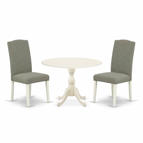 East West Furniture DMEN3-LWH-06 3 Piece Dining Set for Small Spaces Contains a Round Dining Room Table with Dropleaf and 2 Dark Shitake Linen Fabric Parson Chairs, 42x42 Inch, Linen White