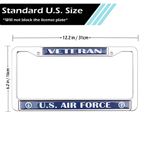 US Air Force Veteran License Plate Frames - Chrome Stainless Steel Car Tag Frame License Plate Holder (2PCS)
