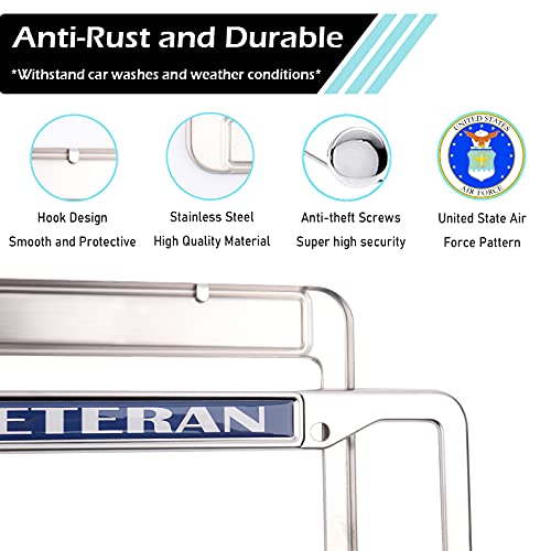 US Air Force Veteran License Plate Frames - Chrome Stainless Steel Car Tag Frame License Plate Holder (2PCS)