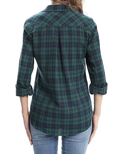 Fuinloth Women's Flannel Button Down Shirt, Plaid Long Sleeve Pure Cotton with Pocket 1 Dark Green Large