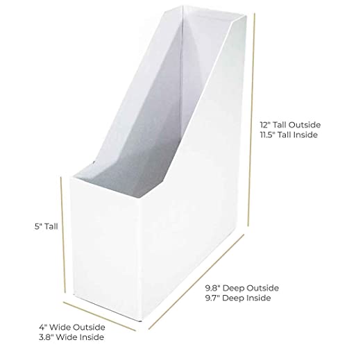 BLU MONACO Foldable White Magazine File Holder with Leather Label Holder - Set of 6 Cardboard Magazine File Boxes Desk File Organizer